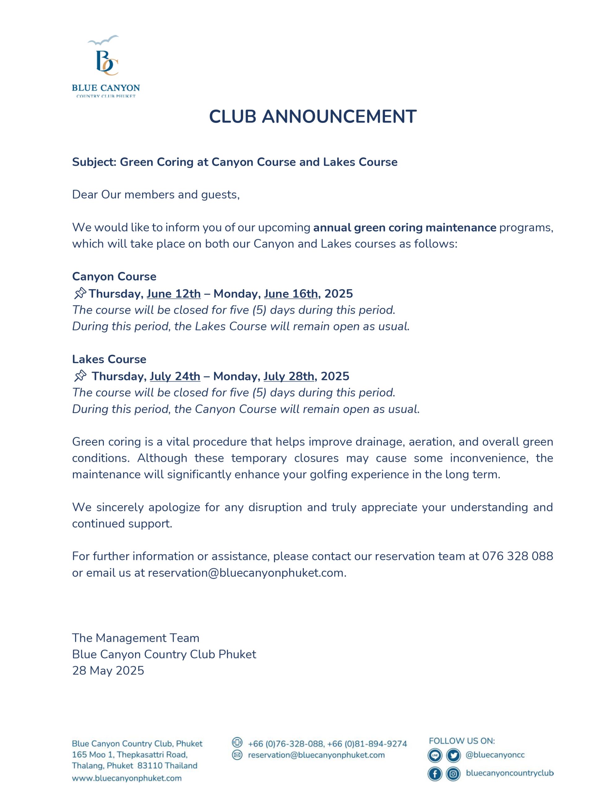 CLUB ANNOUNCEMENT - Blue Canyon Country Club